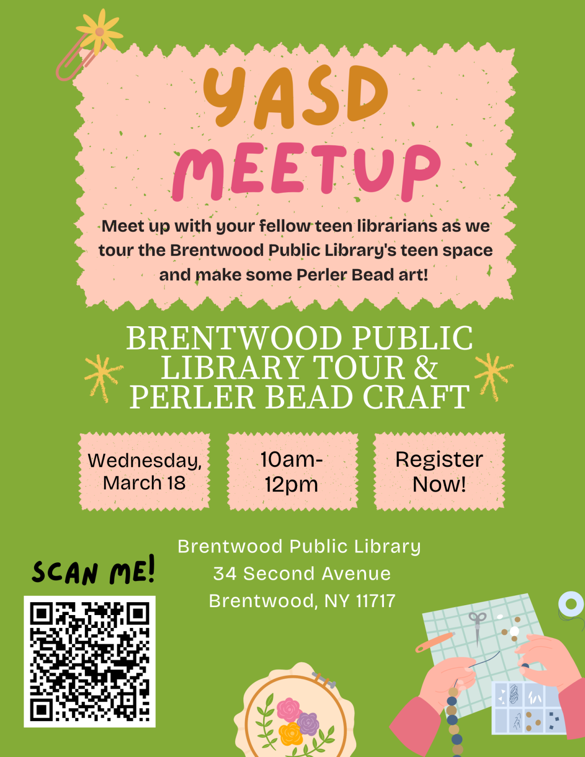 YASD Meetup: Brentwood Public Library Tour & Perler Bead Craft! – YASD